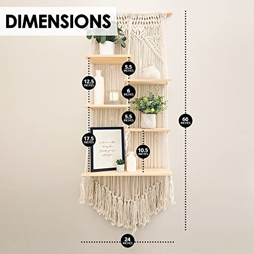 Macrame Wall Hanging Plant Decor Shelf, Tall Ladder Shelf, 5 Tier Indoor Handmade Plant Shelves, Large Boho White Beige Hanging Floating Hand Woven Rope for Bedroom, Bookshelf (60" H x 24" W)