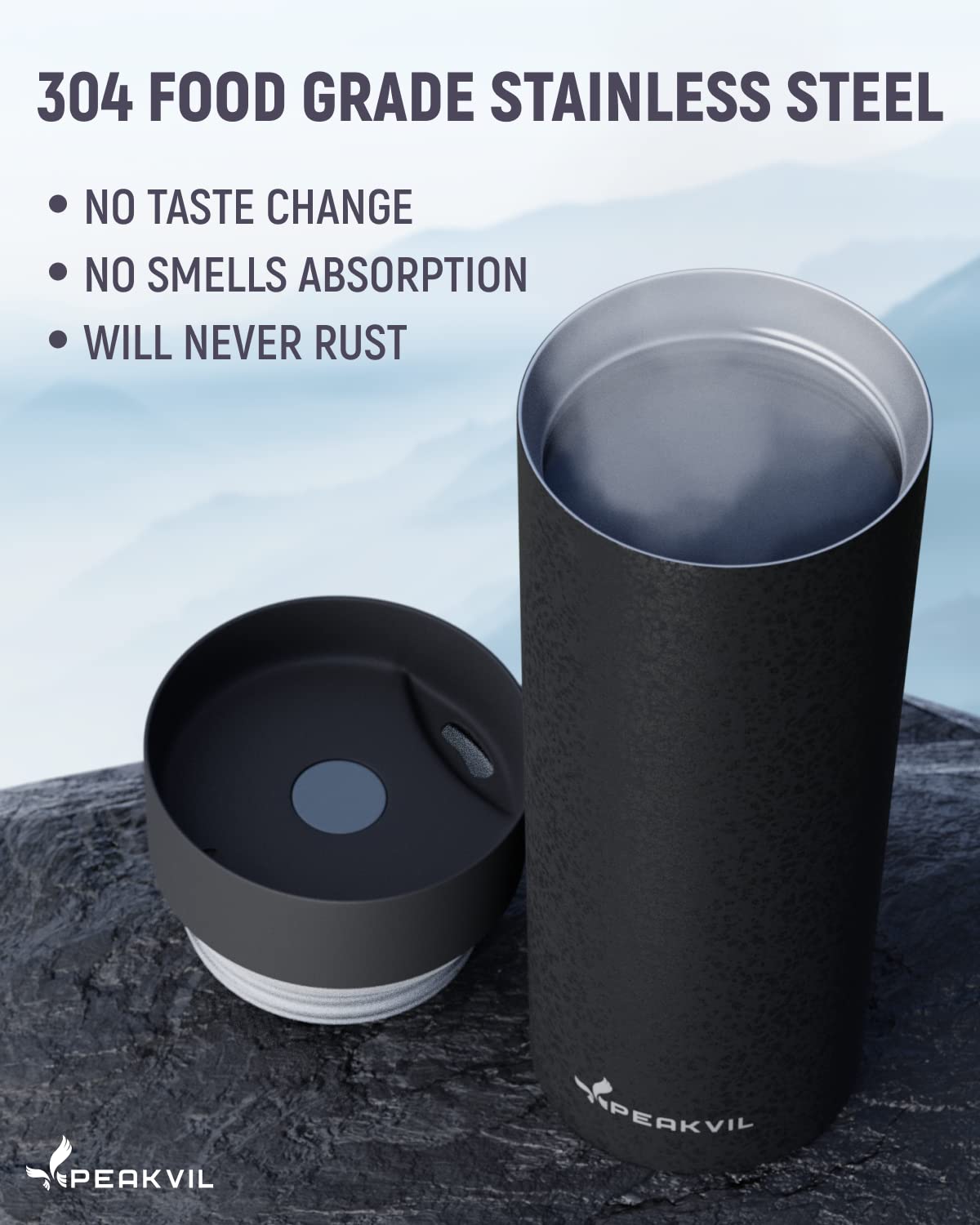 Peakvil 16 oz Insulated Thermos Travel Coffee Mug with Push Button Lid - Leakproof Reusable 304 Stainless Steel Tumbler Cup for Keep Hot/Ice