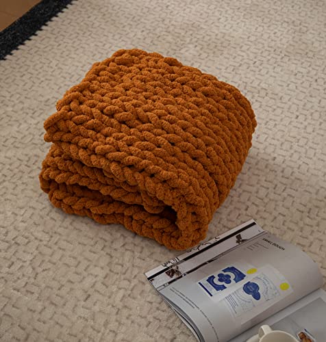 Chunky Knit Blanket Soft Chenille Yarn Knitted Throw Blanket 50"X60" Handmade Cable Warm Thick Giant Blanket for Couch Bed Trips (Burnt Orange, Throw 50βx60β)