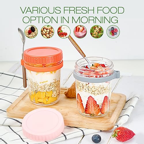 Hoa Kinh Overnight Oat Containers with Lids and Spoon 16oz 4Pack Glass Mason Jars for Overnight Oats, Cereal, Milk, Vegetable and Fruit Salad, Airtight Jars with Two Measurement Marks(4 Colors)