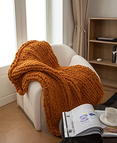 Chunky Knit Blanket Soft Chenille Yarn Knitted Throw Blanket 50"X60" Handmade Cable Warm Thick Giant Blanket for Couch Bed Trips (Burnt Orange, Throw 50βx60β)