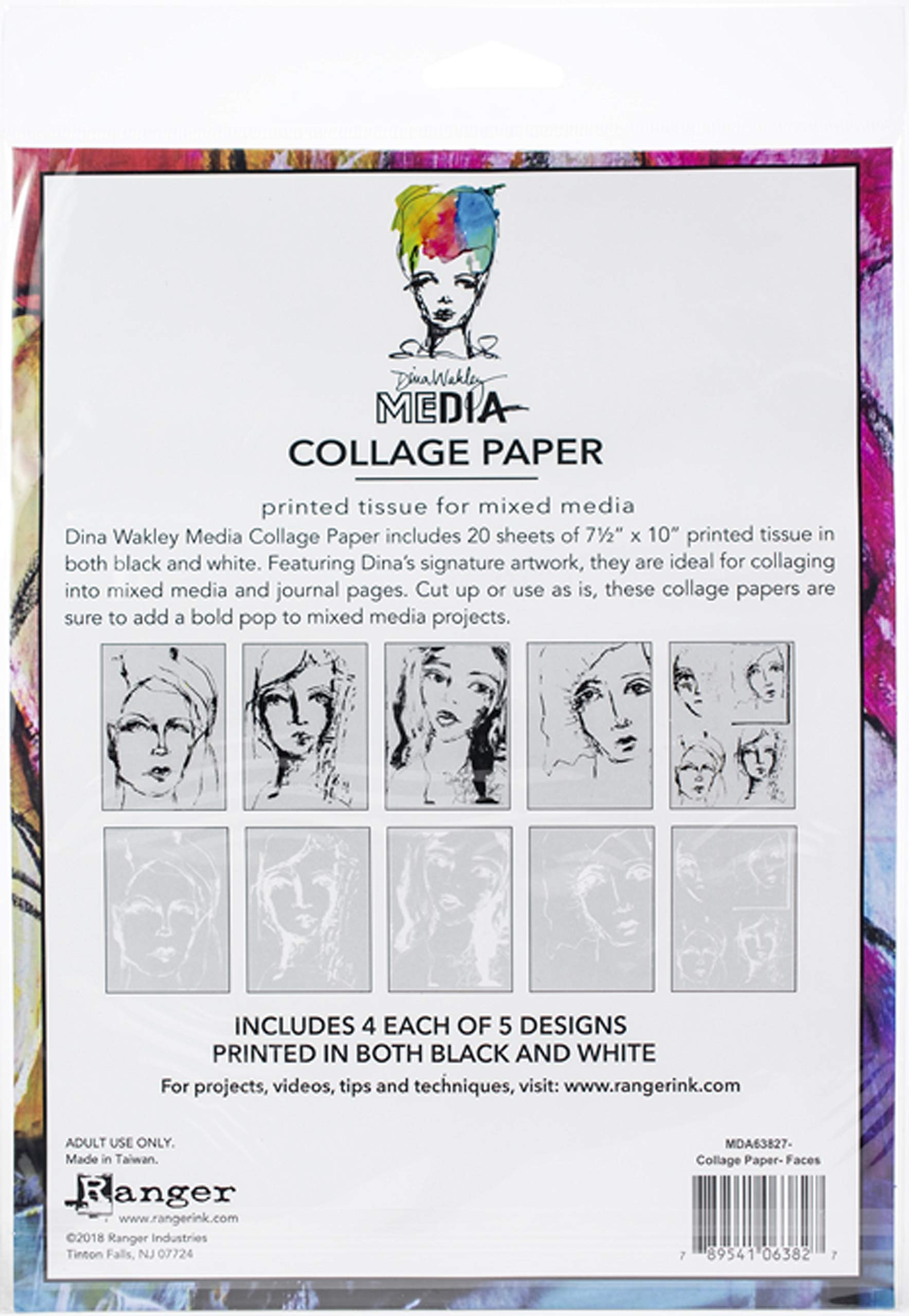 Ranger Dina Wakley Media Collage Tissue Paper 7.5"X10" 20/Pkg-Faces, Black