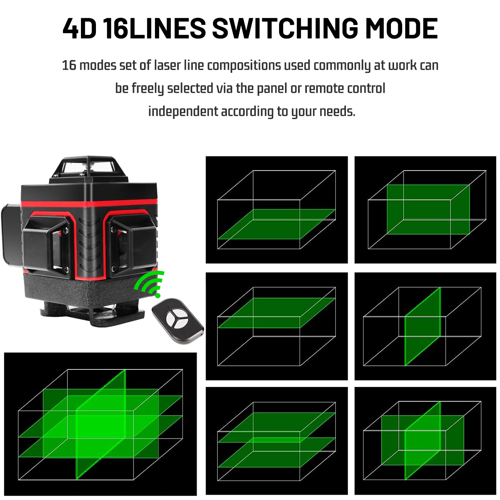MZK 16 Lines Laser Level Self-leveling, 4x360° 4D Green Cross Line for Construction and Picture Handing with Remote Controller and Magnetic Stand(Rechargeable Li-ion Battery and Charger Included)