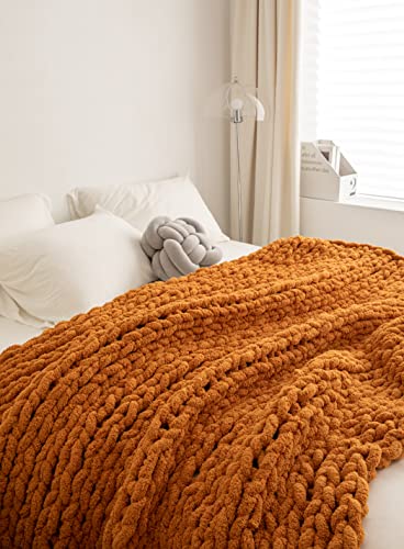 Chunky Knit Blanket Soft Chenille Yarn Knitted Throw Blanket 50"X60" Handmade Cable Warm Thick Giant Blanket for Couch Bed Trips (Burnt Orange, Throw 50βx60β)