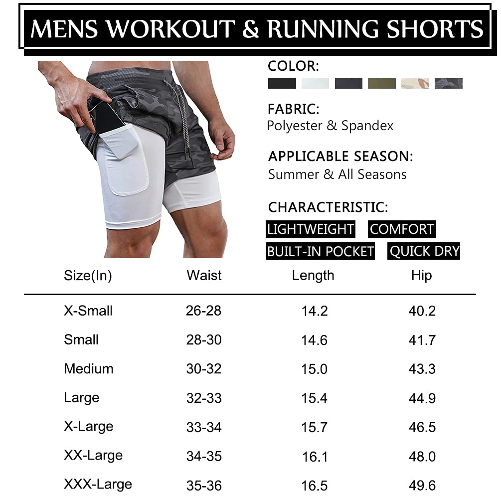 DIOTSR Mens 2 in 1 Running Workout Shorts Lightweight Athletic Gym Shorts with Pockets (Camo Khaki X-Large)