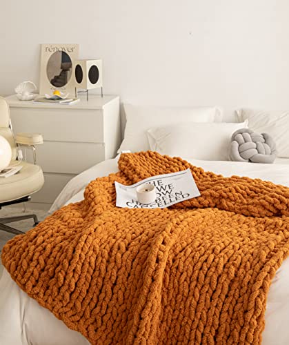 Chunky Knit Blanket Soft Chenille Yarn Knitted Throw Blanket 50"X60" Handmade Cable Warm Thick Giant Blanket for Couch Bed Trips (Burnt Orange, Throw 50βx60β)