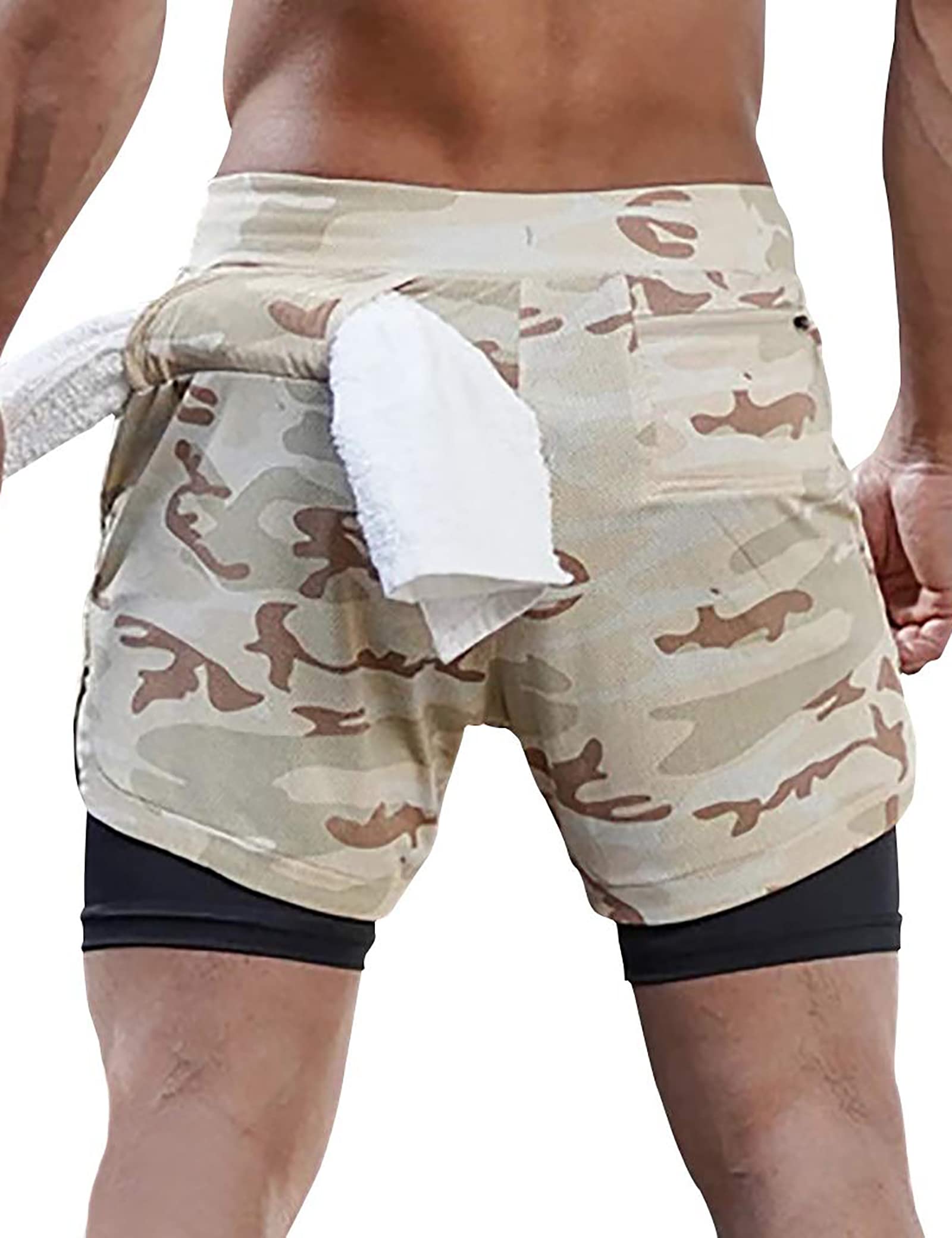 DIOTSR Mens 2 in 1 Running Workout Shorts Lightweight Athletic Gym Shorts with Pockets (Camo Khaki X-Large)
