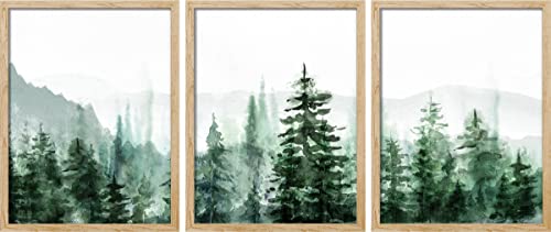 SIGNWIN Framed Poster Bathroom Decor 12"x16"x 3 Natural, Wall Art Room Decor Multicolor for Living Room, Bedroom, Office Watercolor Pine Tree Mountain Forest Nature Wilderness Landscape