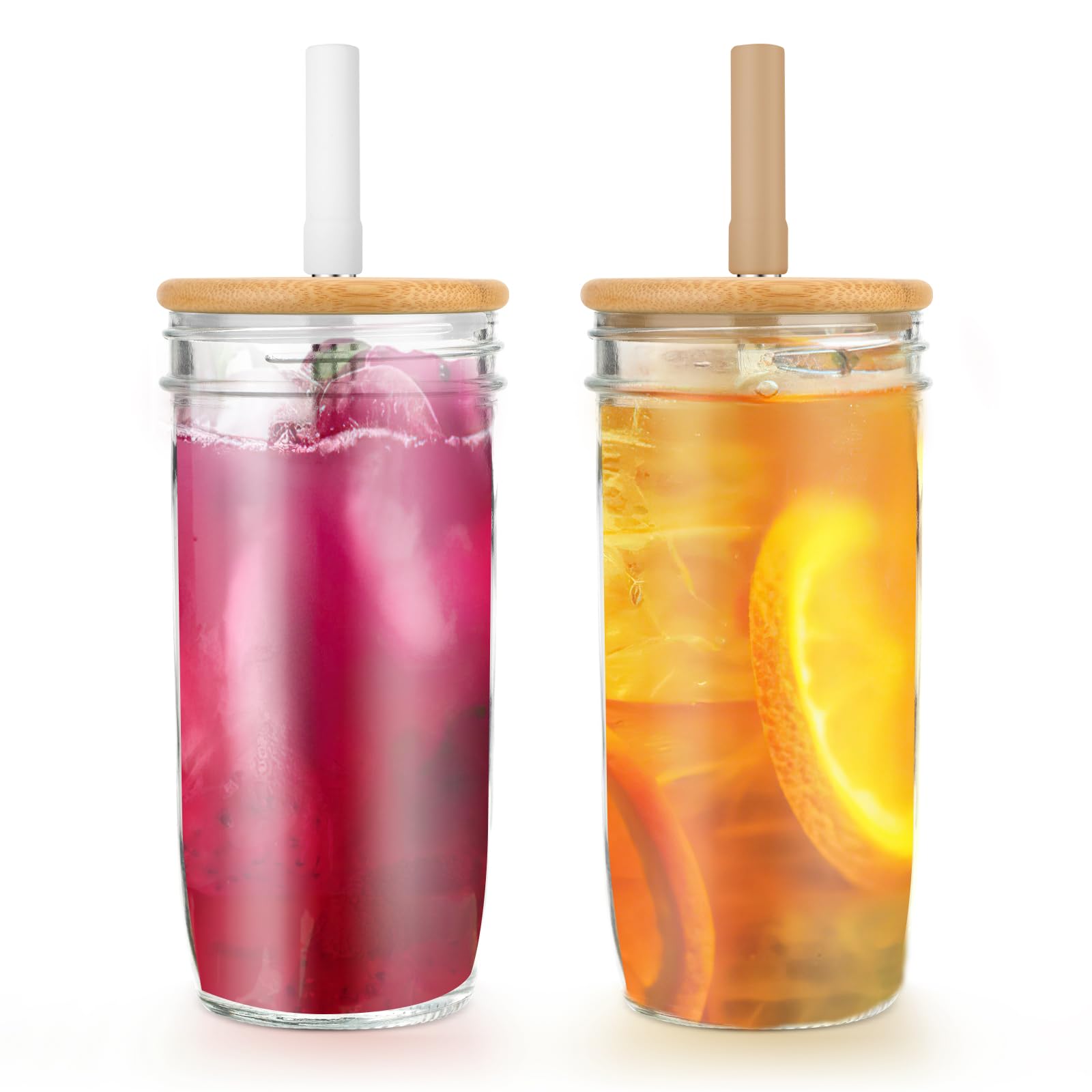 Hydraful 24 oz Glass Tumbler Cup with Bamboo Lid and Straw - 2 Pack, Mason Jar Tea Cup, Wide Mouth Glass Bottle for Smoothie, Iced Coffee, Juice, and Water, BPA Free, Dishwasher Safe