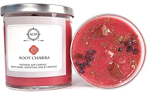 Root Chakra Soy Candle 10 oz with Red Jasper and Garnet Crystals, Herbs & Essential Oils . (Wiccan Pagan Magick Spirituality)