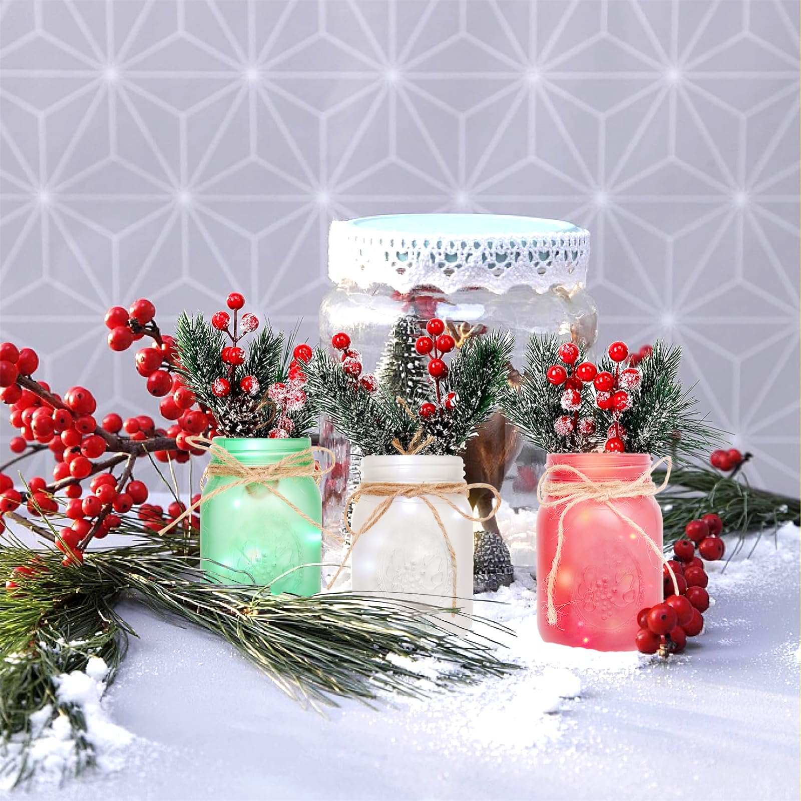 CNVOILA Christmas Centerpiece, Christmas Decor Mason Jars, Mantle Centerpiece Table Decorations, Holiday Table Centerpieces Bulk, Home Mantle Decor, Coffee Table Christmas Decor β 3PC