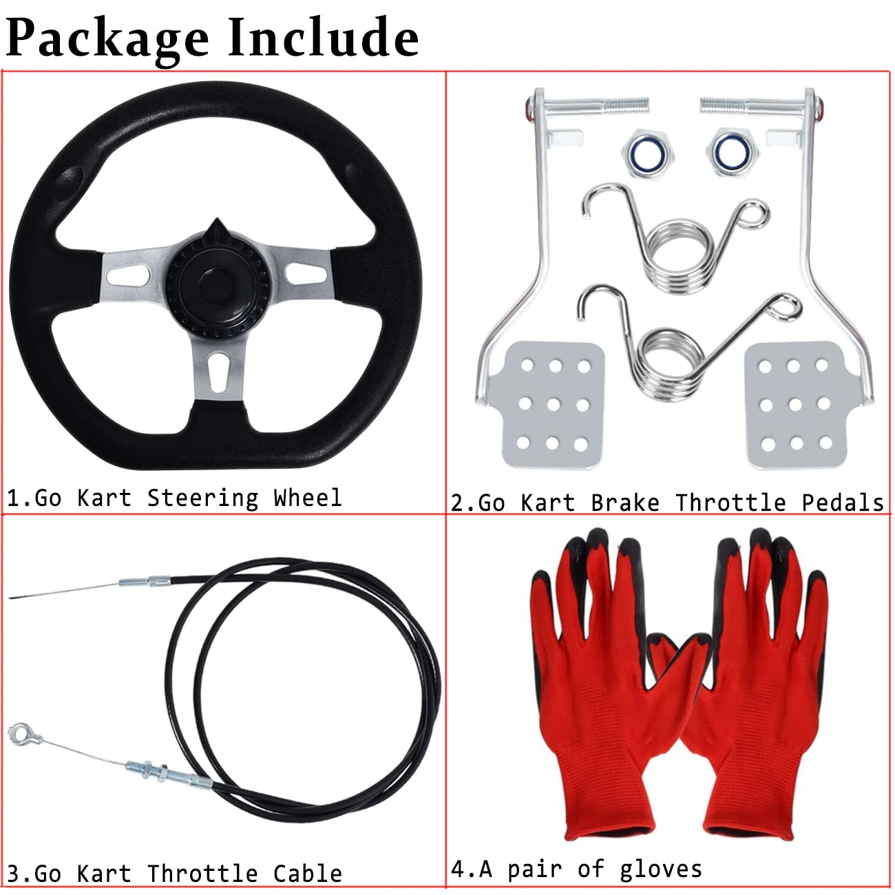 Wadoy Go Kart Brake Throttle Pedals with Automotive Steering Wheels, Upgrade 71" Cable with Return Springs Kit, Go Kart Accessories Go Kart Steering Kit