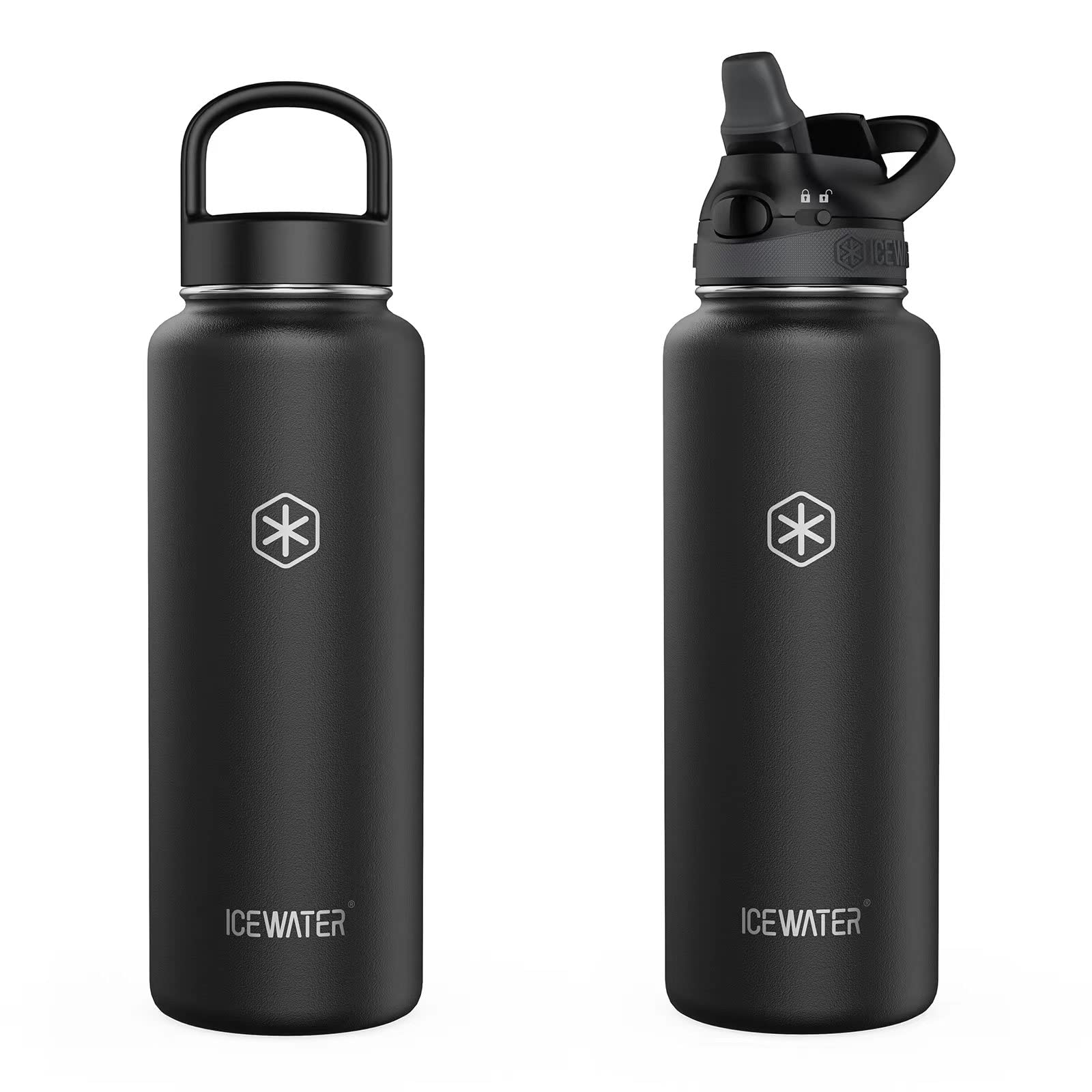 ICEWATER-40 Oz Stainless Steel Water Bottle With Soft Auto Straw & Wide Mouth Lids, Double Walled Vacuum, Mouthpiece DustProof, Lock Feature, Pop-up Tops, One-handed Operation (40 Oz, Black)