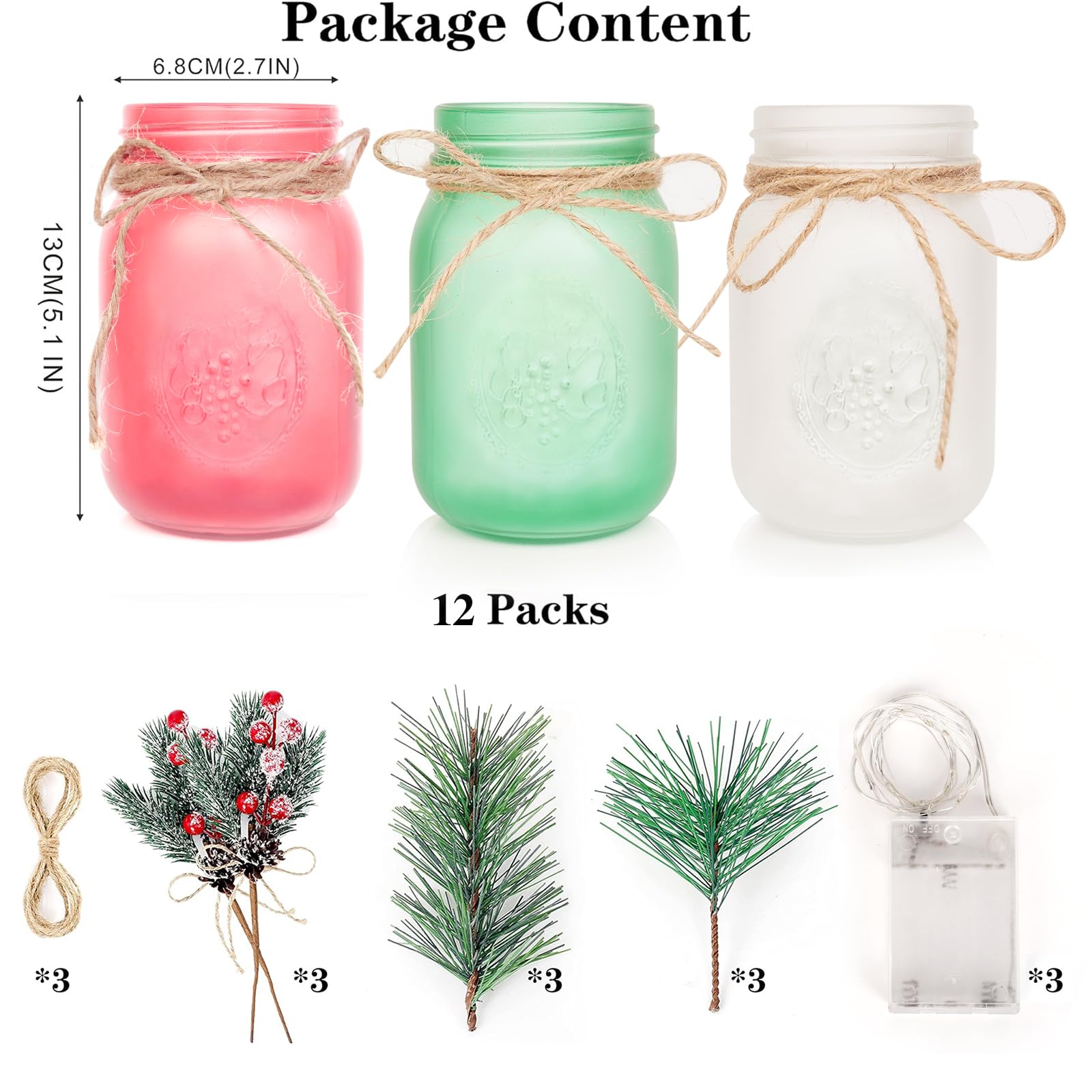 CNVOILA Christmas Centerpiece, Christmas Decor Mason Jars, Mantle Centerpiece Table Decorations, Holiday Table Centerpieces Bulk, Home Mantle Decor, Coffee Table Christmas Decor β 3PC