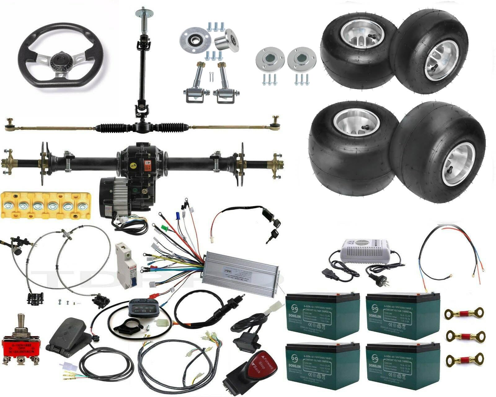 YC Yier Rear Differential Axle Kit 48V 1000W Electric Motor Controller Battery Hydraulic Brake 11x7.10-5 Wheels Tires DIY Parts For Go Kart Golf Cart ATV Quad Buggy Trike Tricycle 4 Wheeler (40" Axle)