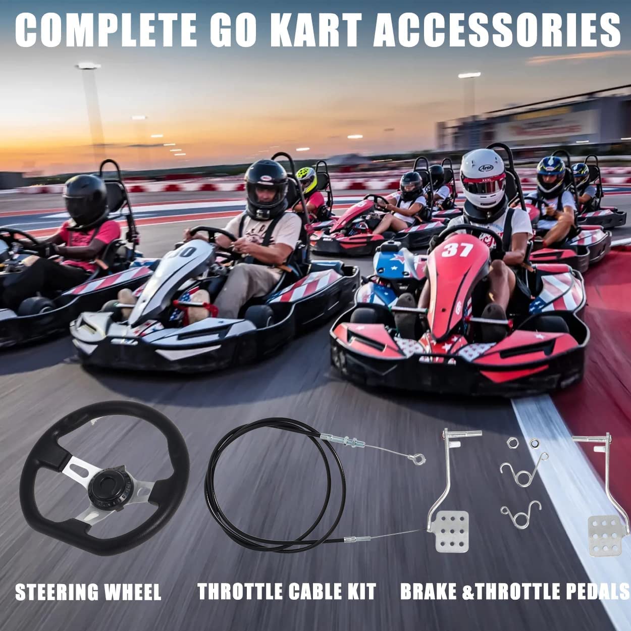 Wadoy Go Kart Brake Throttle Pedals with Automotive Steering Wheels, Upgrade 71" Cable with Return Springs Kit, Go Kart Accessories Go Kart Steering Kit