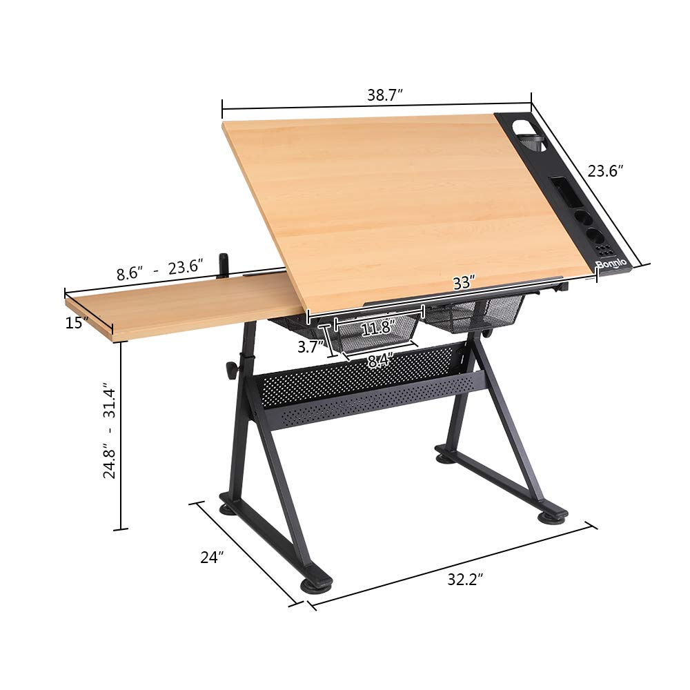 Bonnlo Professional Drafting Desk, Wooden Drawing Table Height Adjustable Tiltable Tabletop w/Storage Drawer for Reading, Writing Art Craft Work Station