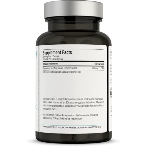 LES Labs Magnesium Citrate β Stress Relief, Restful Sleep, Heart Health, Metabolism, Nerve & Muscle Function β 750mg β Non-GMO Supplement β 120 Capsules