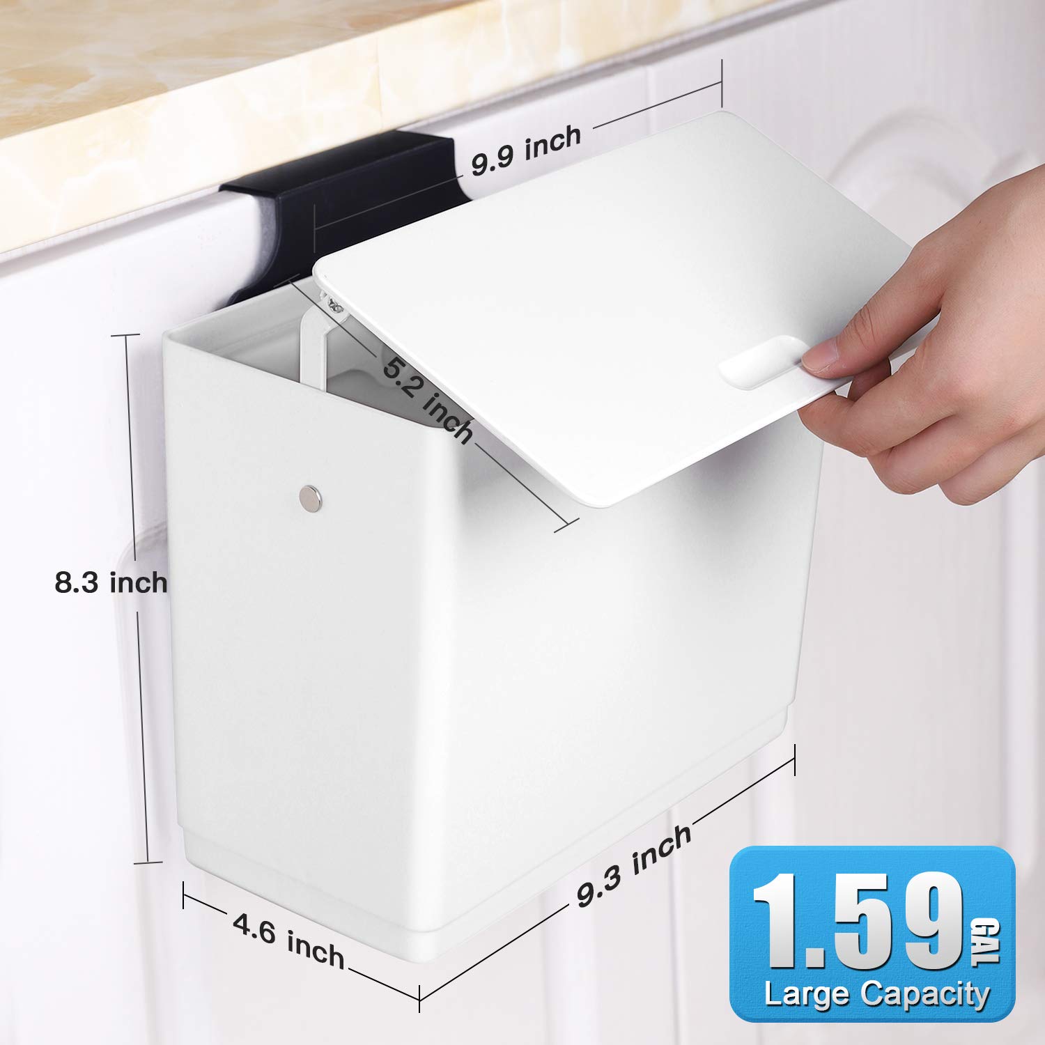 ANTU 1.6 Gallon Hanging Trash Can for Kitchen Cabinet Door with Lid, Under Sink Garbage Can for Bathroom,Wall-Mounted Counter Waste Bin