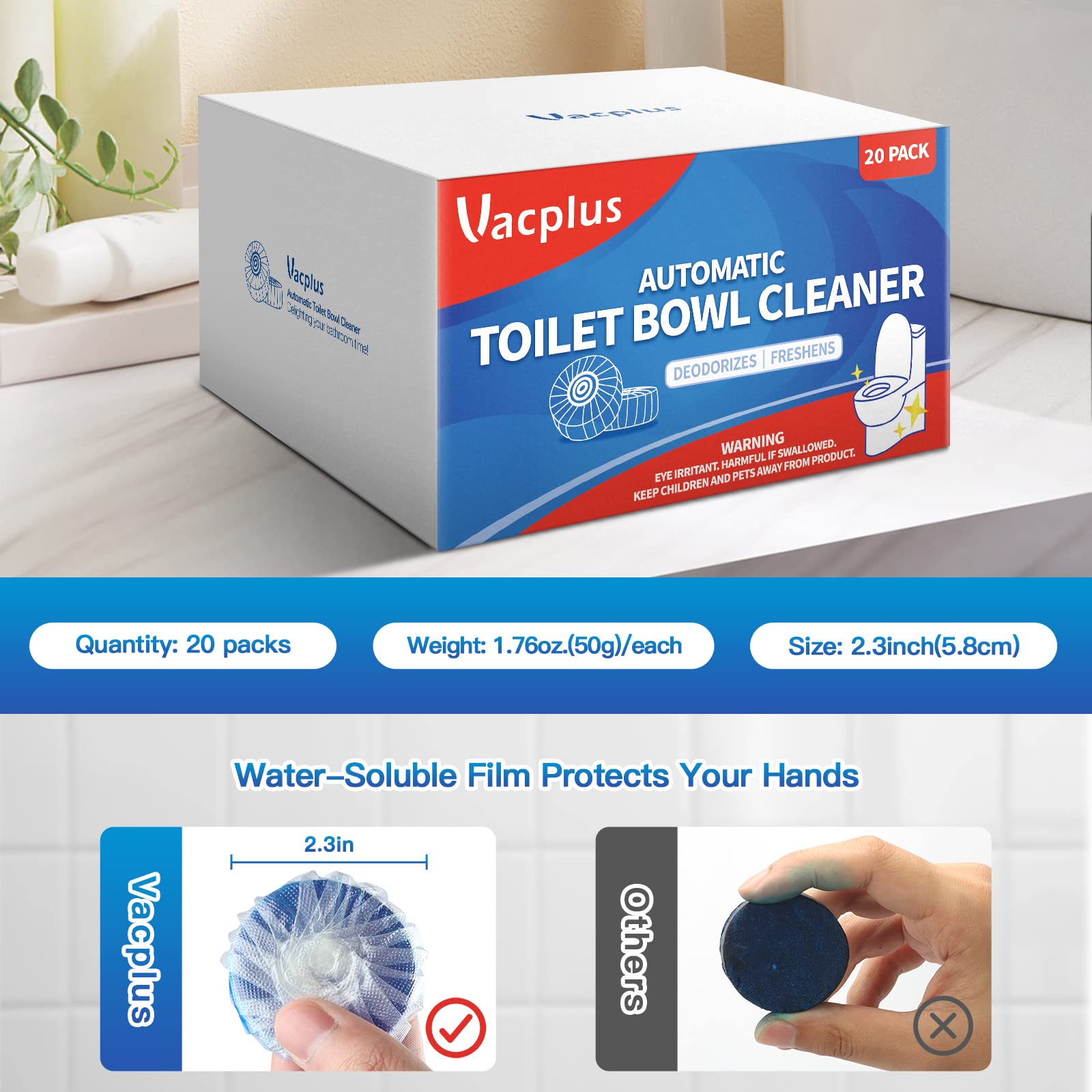 Vacplus Toilet Bowl Cleaners, Ultra-Clean Toilet Cleaners for Deodorizing & Descaling, Long-Lasting Blue Toilet Bowl Cleaner Tablets with Sustained-Release Technology Against Tough Stains (20 PACK)