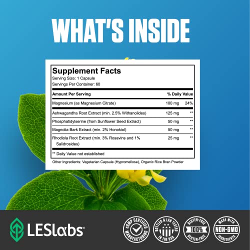 LES Labs Cortisol Health โ Stress Relief, Balanced Cortisol Response, Relaxation & Deep Sleep โ Phosphatidylserine, Magnesium, Magnolia Bark, Rhodiola Rosea & Ashwagandha โ 60 Capsules