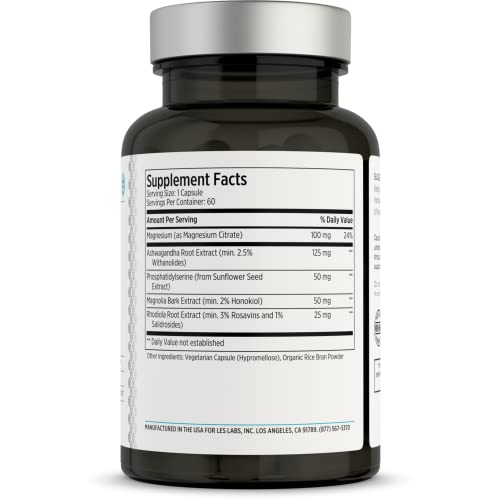 LES Labs Cortisol Health โ Stress Relief, Balanced Cortisol Response, Relaxation & Deep Sleep โ Phosphatidylserine, Magnesium, Magnolia Bark, Rhodiola Rosea & Ashwagandha โ 60 Capsules