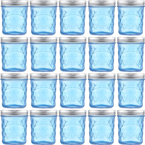 Lallisa 20 Packs 6 oz Vintage Wide Mouth Mason Jars Vintage Glass Canning Jar with Lids, Ideal for Honey, Wedding Favors, Shower Favors Home Decoration Containers Gift Table Centerpiece (Blue)