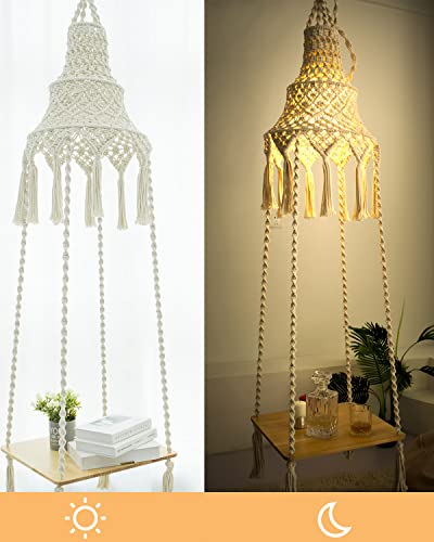 Amdermi Macrame Hanging Shelf Hanging Rope Shelf Indoor with Boho Lamp Shade Floating Square Shelves Decorative Shelf Table Holder Planter Display Rack Boho Home Decor. Ceiling Mount Rope Shelf