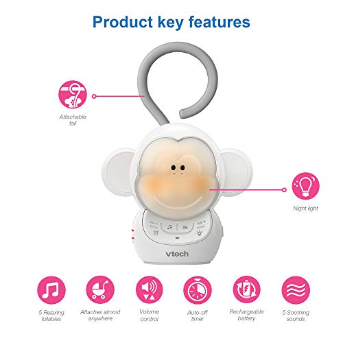 VTech BC8211 Myla The Monkey Baby Sleep Soother with a White Noise Sound Machine Featuring 5 Soft Ambient Sounds, 5 Calming Melodies & Soft-Glow Night Light, 1 Count (Pack of 1)