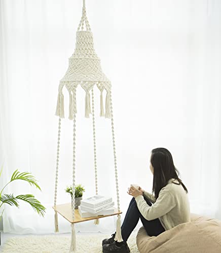 Amdermi Macrame Hanging Shelf Hanging Rope Shelf Indoor with Boho Lamp Shade Floating Square Shelves Decorative Shelf Table Holder Planter Display Rack Boho Home Decor. Ceiling Mount Rope Shelf
