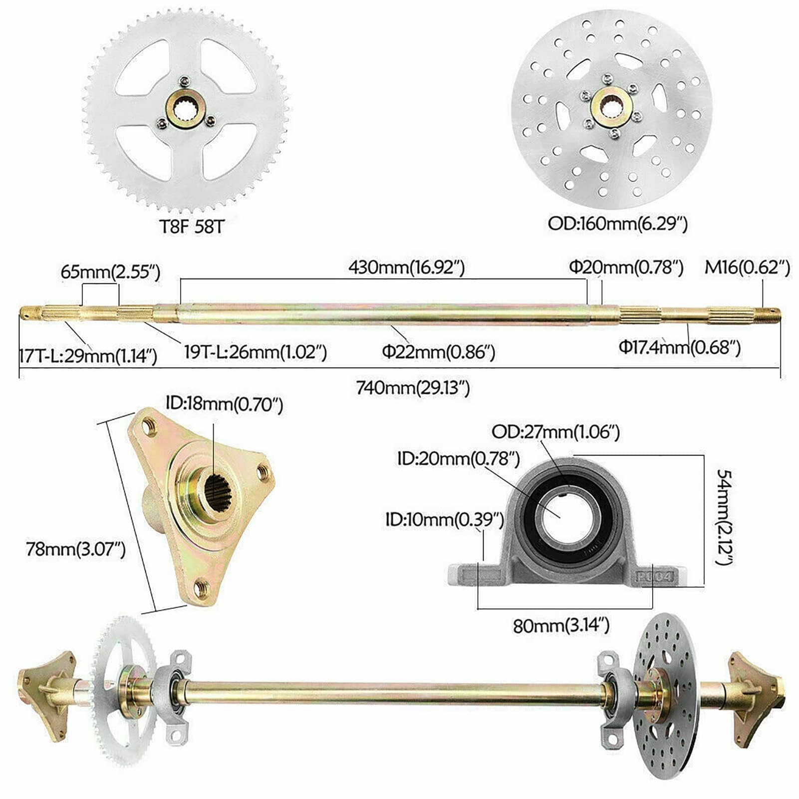 YC Yier 29" Go Kart Rear Live Axle Kit, 6" Complete Wheels Tires, T8F Sprocket, 3 Stud Hubs, Brake, Front Steering Wheel Gear Rack Shaft Assembly for DIY Drift Trike Parts ATV Quad Buggy Tricycle
