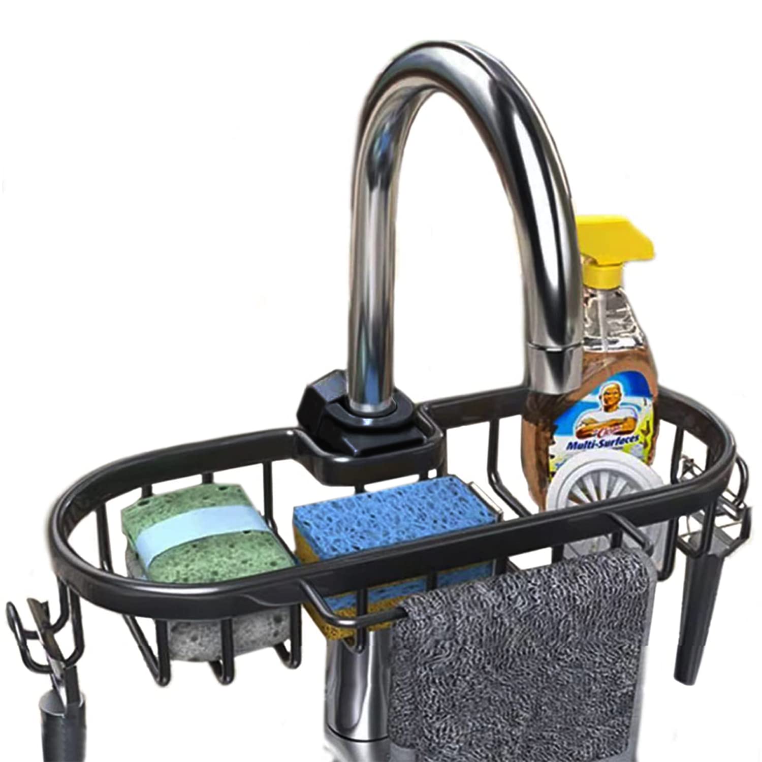 AIVIIN Aluminum Faucet Sponge Hook Holder for Kitchen Sink, Adjustable Detachable Over Aluminum Rack Caddy Organizer for Bathroom, Scrubbers, Compatible with Faucets 0.25-1 Inches in Diameter, Black