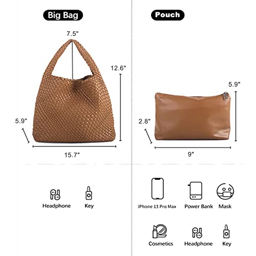 Women 2 in 1 Leather Handbag Hobo Purse Weave Shouler Bag Large Capacity Top Handle Satchal Bag, Black