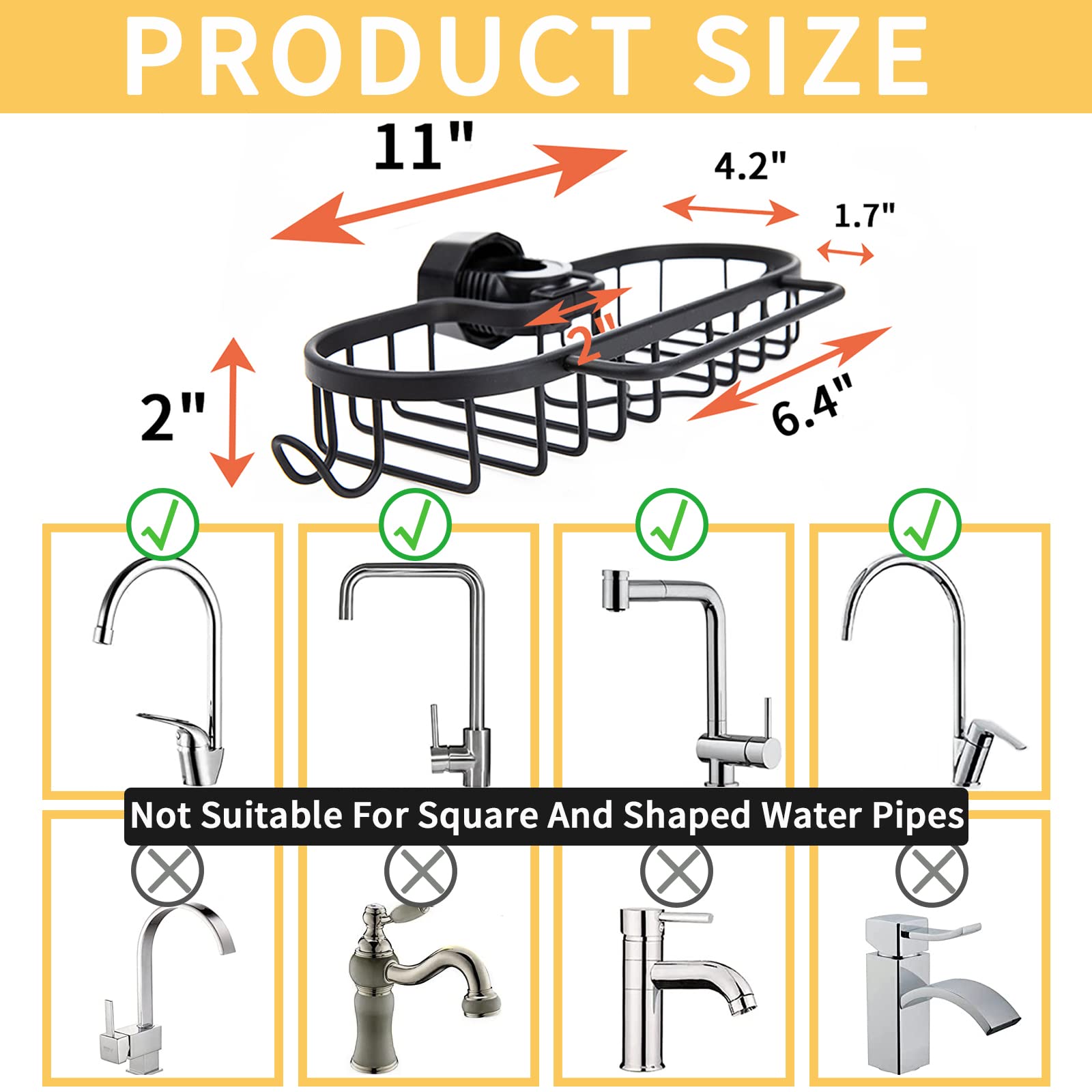 AIVIIN Aluminum Faucet Sponge Hook Holder for Kitchen Sink, Adjustable Detachable Over Aluminum Rack Caddy Organizer for Bathroom, Scrubbers, Compatible with Faucets 0.25-1 Inches in Diameter, Black