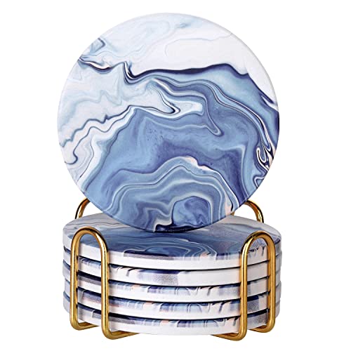 Warmroom Absorbent Drinks Coasters with Gold Holder and Cork Base Set of 6 Round Blue White Marble Style Coasters Decorative Tabletop Protection for Bar Kitchen Home and Dining Room Decor