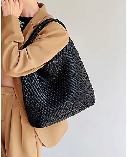 Women 2 in 1 Leather Handbag Hobo Purse Weave Shouler Bag Large Capacity Top Handle Satchal Bag, Black