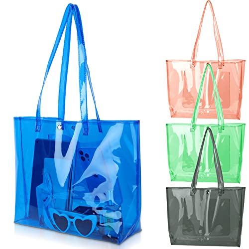 4 Pcs Clear Tote Bags Large Beach Bags for Women Plastic Waterproof Clear Bag PVC Gym Tote Bags for Women Gray Green Blue Pink Summer Pool Stadium Work