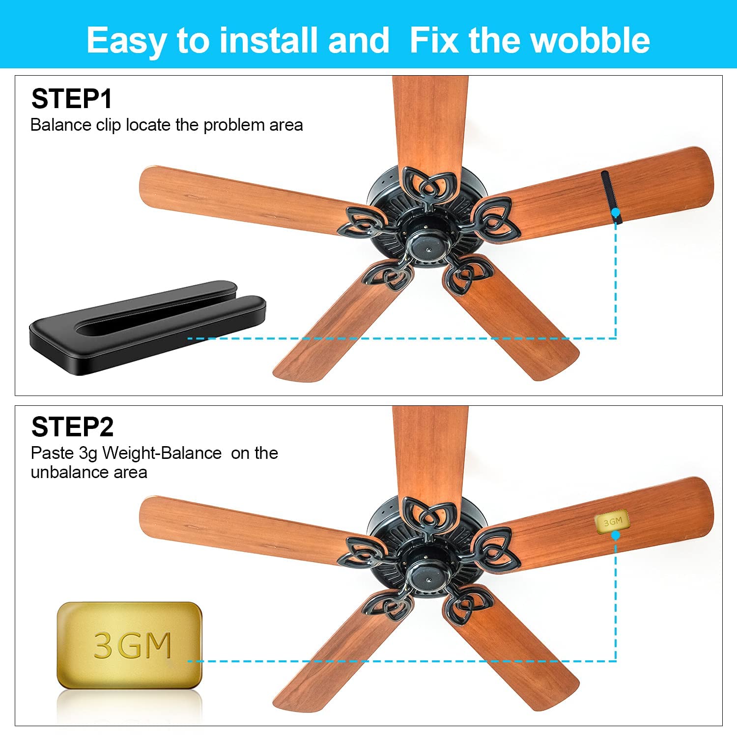 HFYHWT 20PCS Ceiling Fan Balancing Kit, 5 Sets High Calibration Blade Balance Tool Including 5 Pcs Resilient Clips and 15 Pcs Metal Self-Adhesive 3G Weight