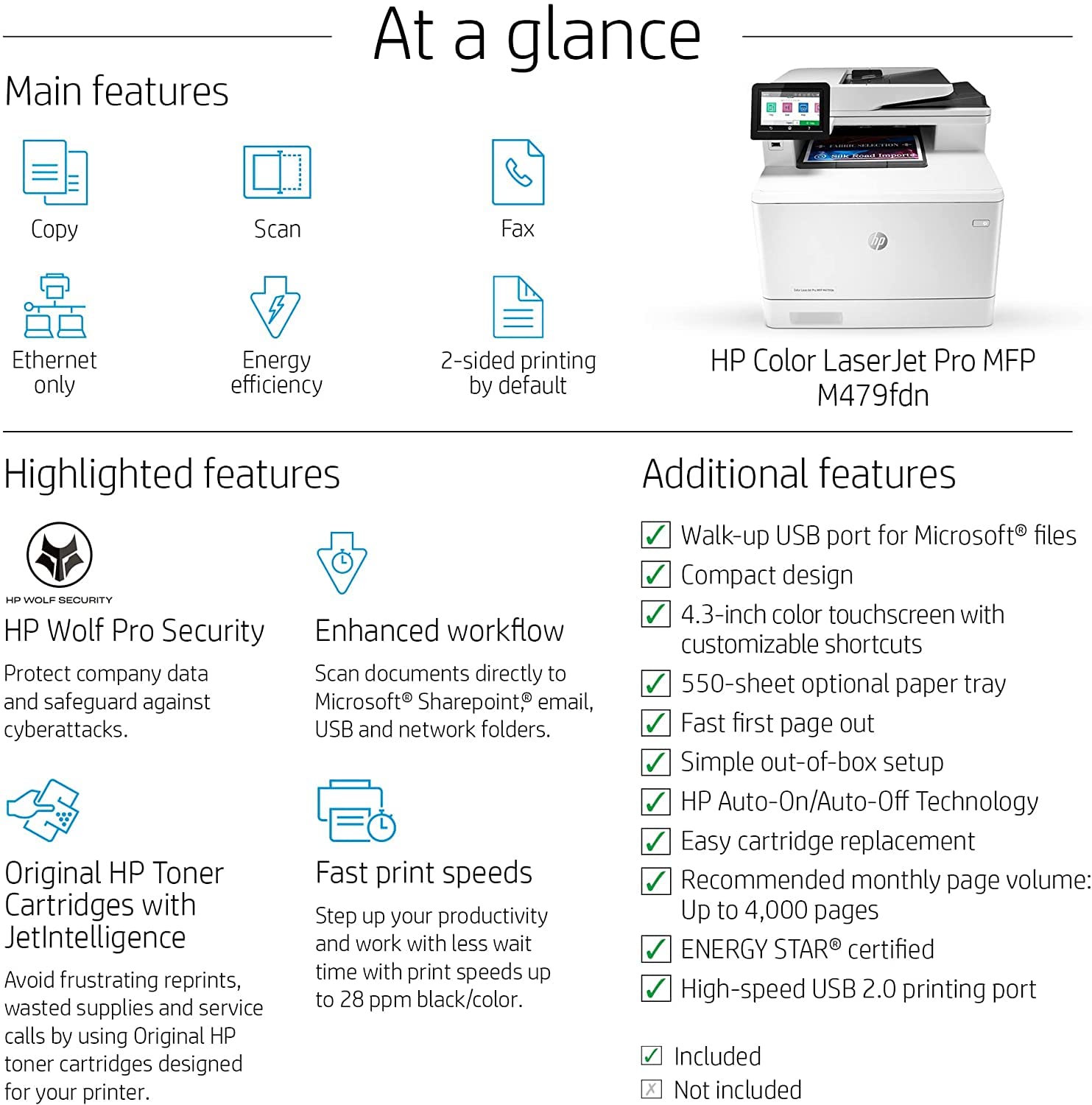 HP Color Laserjet Pro MFP M479fdn All-in-One Laser Printer, Print&Copy&Scan&Fax, 28ppm, 600x600dpi, Auto 2-Sided Printing, 4.3" Color Touchscreen Display, Ethernet, No Wi-Fi, Lanbertent Printer Cable