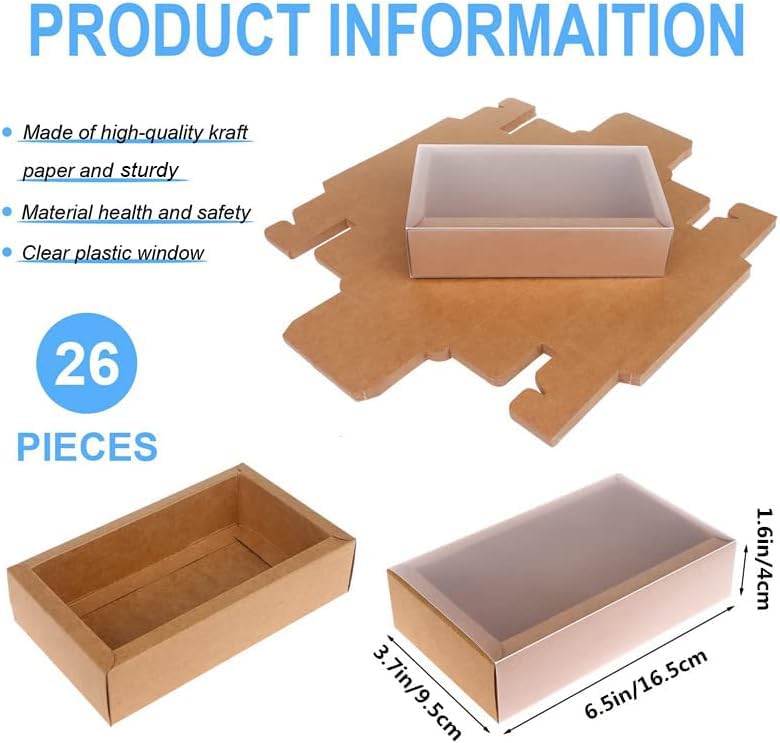 26 PCS Rectangle Drawer Kraft Boxes Small Cardboard Present Packaging Boxes for Party Favor Treats, Candy and Jewelry Crafts, 6.5 x 3.7 x 1.6 inch (Clear,Brown)