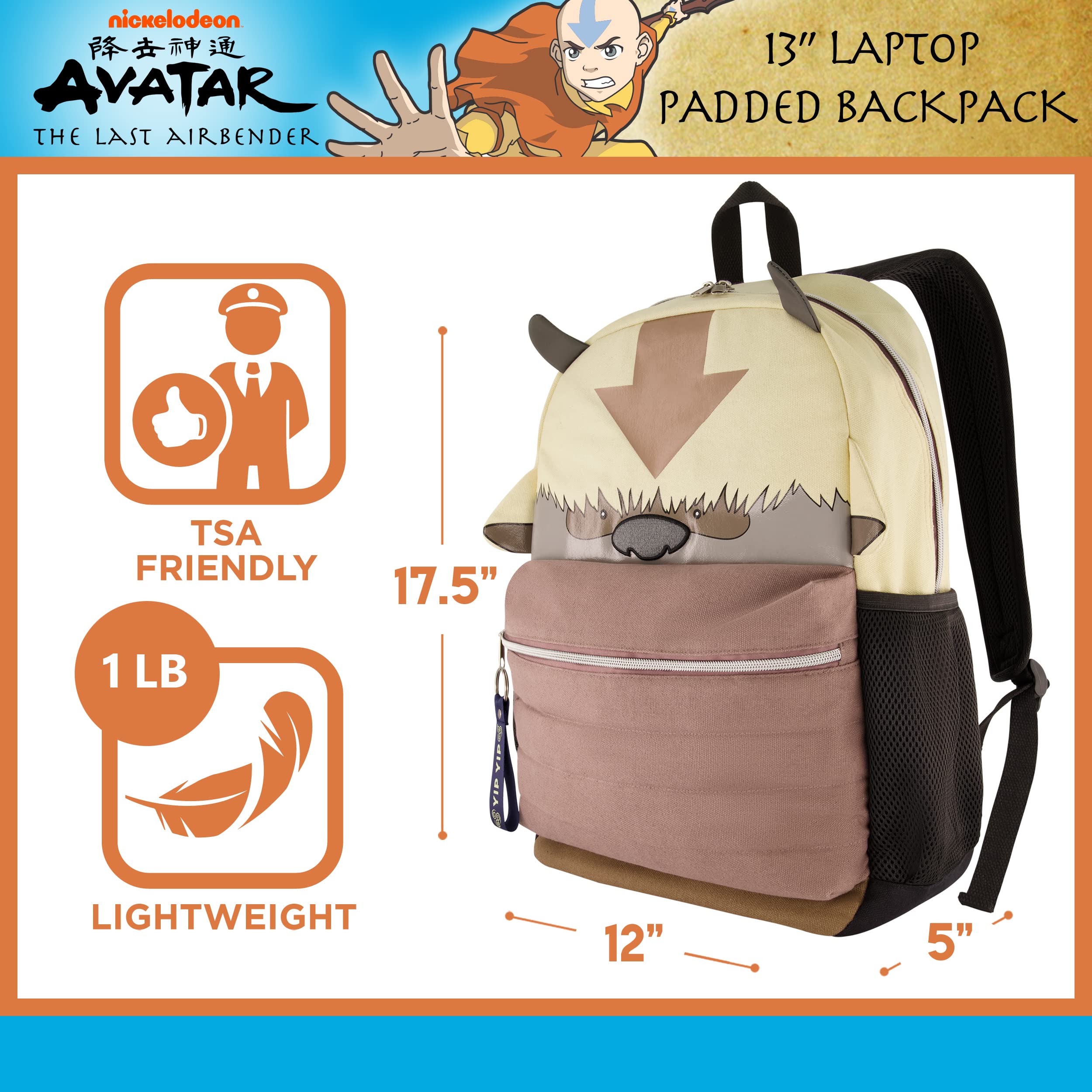 Concept One Avatar The Last Airbender 13 Inch Sleeve Laptop Backpack, Appa Yip Yip Padded Computer Bag for Commute or Travel, Multi, Brown