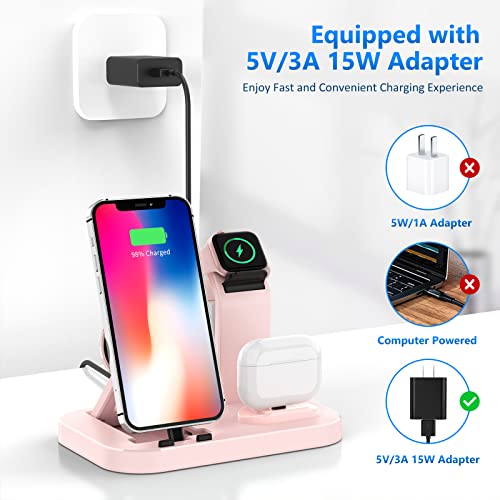 OLEBR Charging Station for Apple Multiple Devices, 3 in 1 Fast Charger Station Dock for iPhone Series 14/13/12/11/X/8 Plus, Charger Stand for iWatch Ultra 8 7 6 SE 5 4 3 2 1 with Adapter(Pink)
