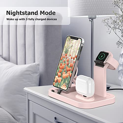 OLEBR Charging Station for Apple Multiple Devices, 3 in 1 Fast Charger Station Dock for iPhone Series 14/13/12/11/X/8 Plus, Charger Stand for iWatch Ultra 8 7 6 SE 5 4 3 2 1 with Adapter(Pink)