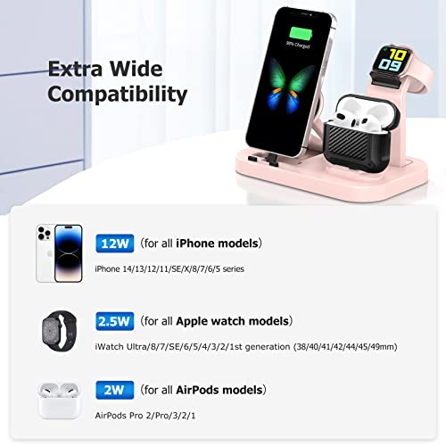 OLEBR Charging Station for Apple Multiple Devices, 3 in 1 Fast Charger Station Dock for iPhone Series 14/13/12/11/X/8 Plus, Charger Stand for iWatch Ultra 8 7 6 SE 5 4 3 2 1 with Adapter(Pink)