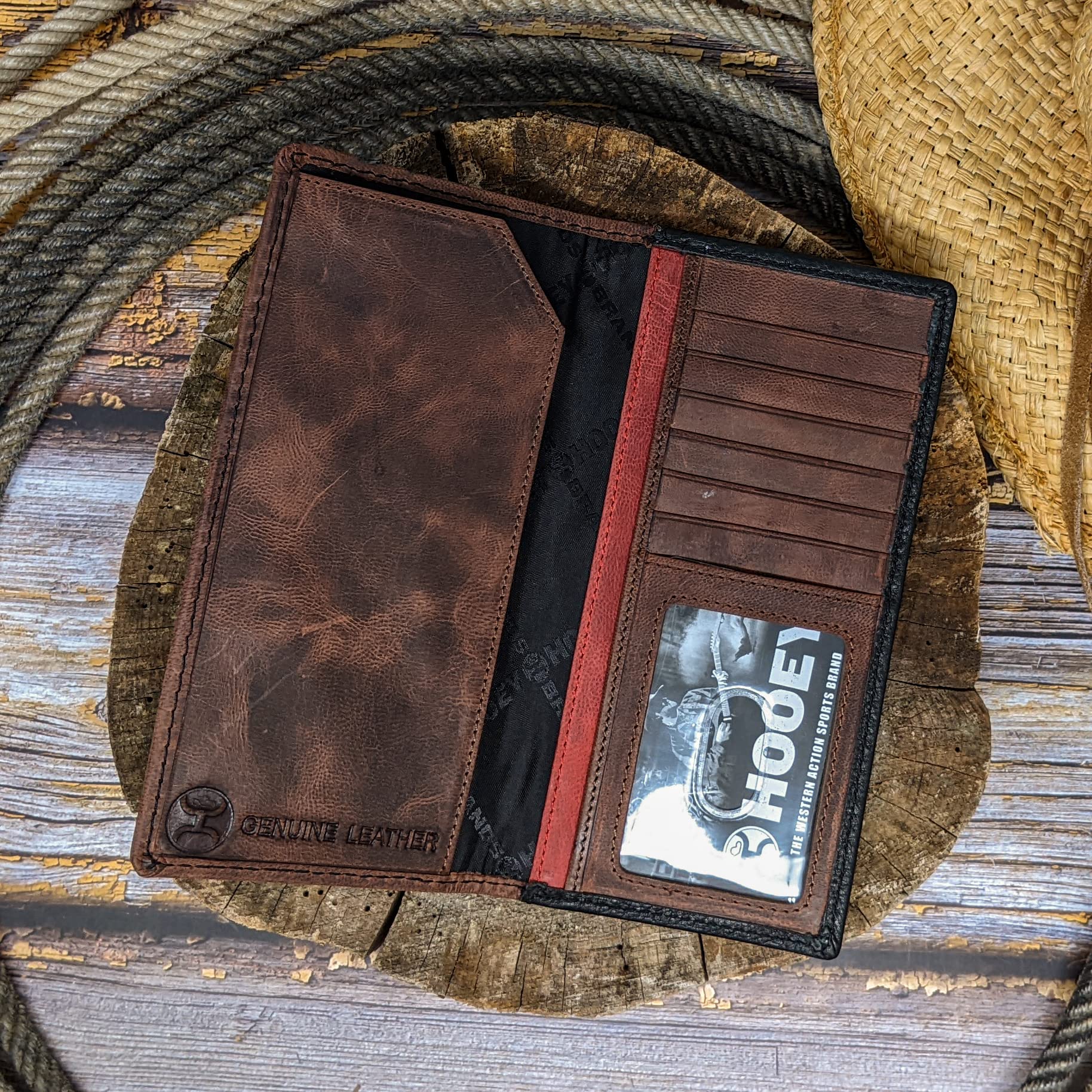 HOOEY Leather Men’s Western Rodeo Wallet (Laser Cut Aztec - Black/Red/Ivory)