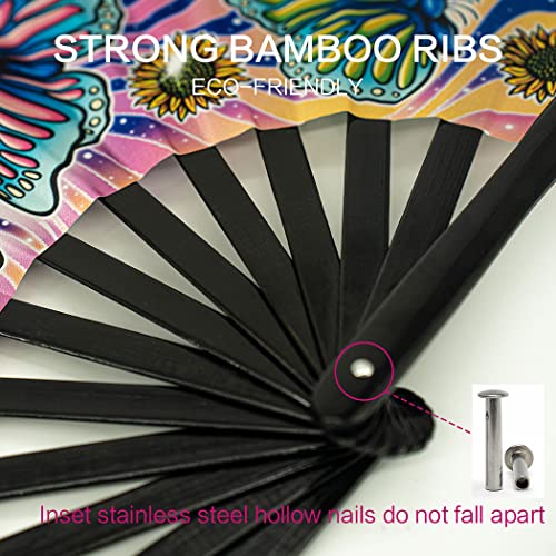 Raveahem UV Glow Rave Fan, Bamboo Folding Clack Hand Fan for Men Women (Butterfly, Large 13")