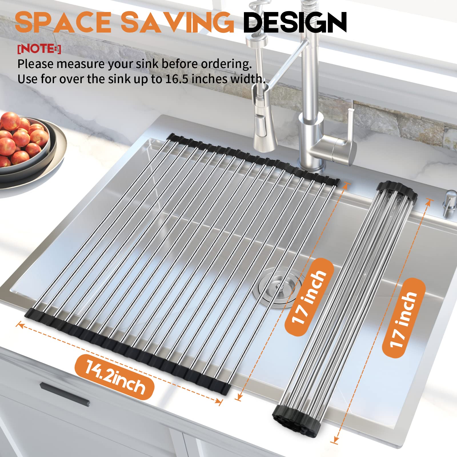 Techsea roll-up-Dish Drying Rack,Multipurpose Heat Resistant Over-The-Sink Dish Drying Rack, Stainless Steel Kitchen Sink Drying Rack