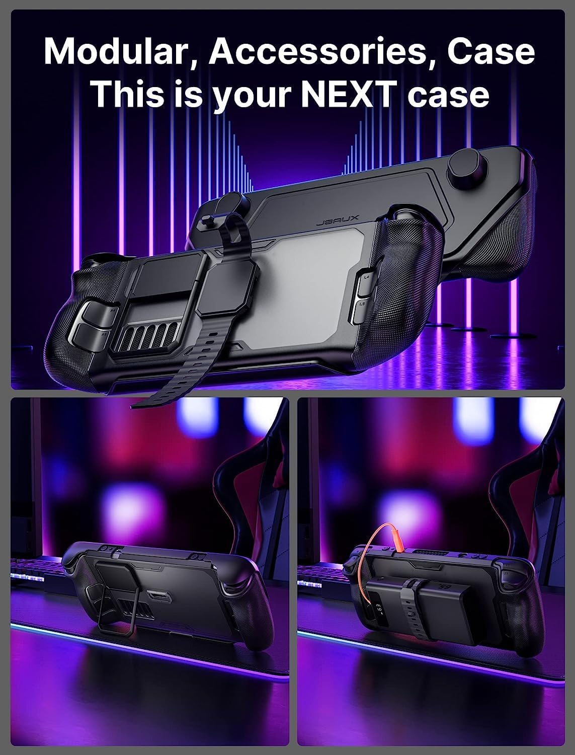 JSAUX ModCase Compatible with Steam Deck/Steam Deck OLED, PC0104 Modular Valve Steam Deck Case Include Protective Case, Face Cover, Cooling Fan, Metal Bracket and Strap - Cooler Set