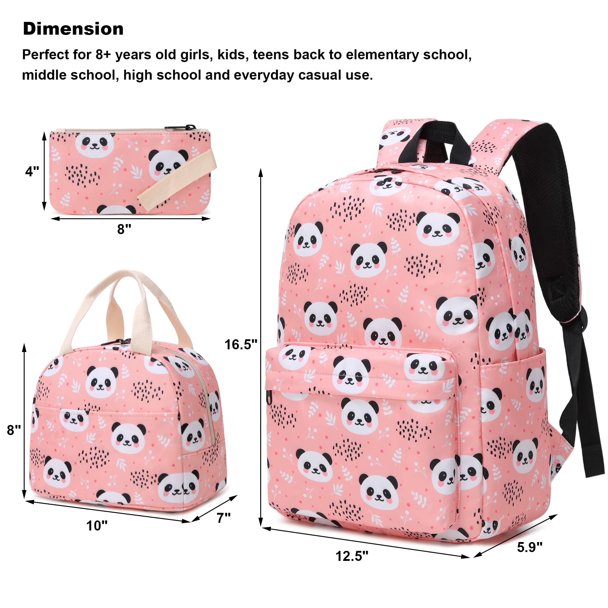 Panda Girls School Backpacks for Kids Teens, 3-in-1 School Bag Bookbags Set with Lunch Bag Pencil Case (Pink)