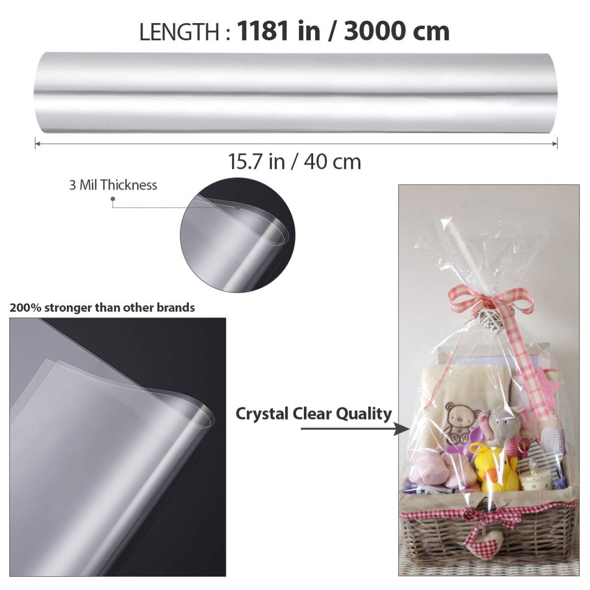 STOBOK Clear Cellophane Wrap Roll - Unfolded Width 31.5 in x 100 Ft 3 Mil Thicken Transparent Long Film Gift Wrappings for Flowers Craft Basket Packing Paper